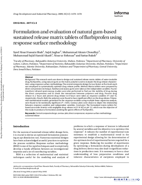 Pdf Formulation And Evaluation Of Natural Gum Based Sustained Release Matrix Tablets Of