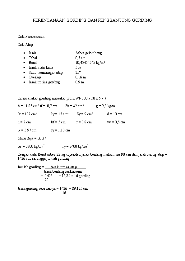 (DOC) Contoh Perhitungan Perencanaan Gording
