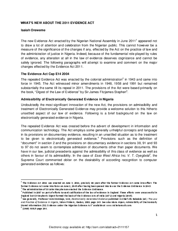 (PDF) WHAT'S NEW ABOUT THE 2011 EVIDENCE ACT