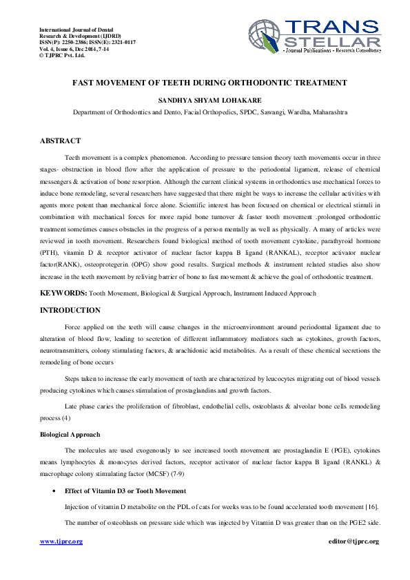 (PDF) FAST MOVEMENT OF TEETH DURING ORTHODONTIC TREATMENT