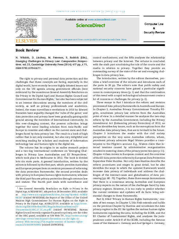 (PDF) Emerging Challenges in Privacy Law: Comparative Perspectives, Computer Law & Security ...