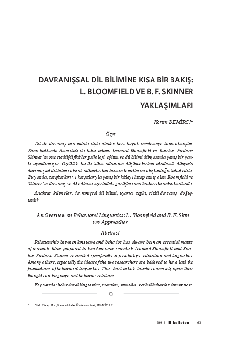 (PDF) Davranışsal Dil Bilimine Kısa Bir Bakış: L. Bloomfield ve B. F ...