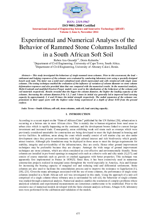 Pdf Experimental And Numerical Analyses Of The Behavior Of Rammed Stone Columns Installed In A
