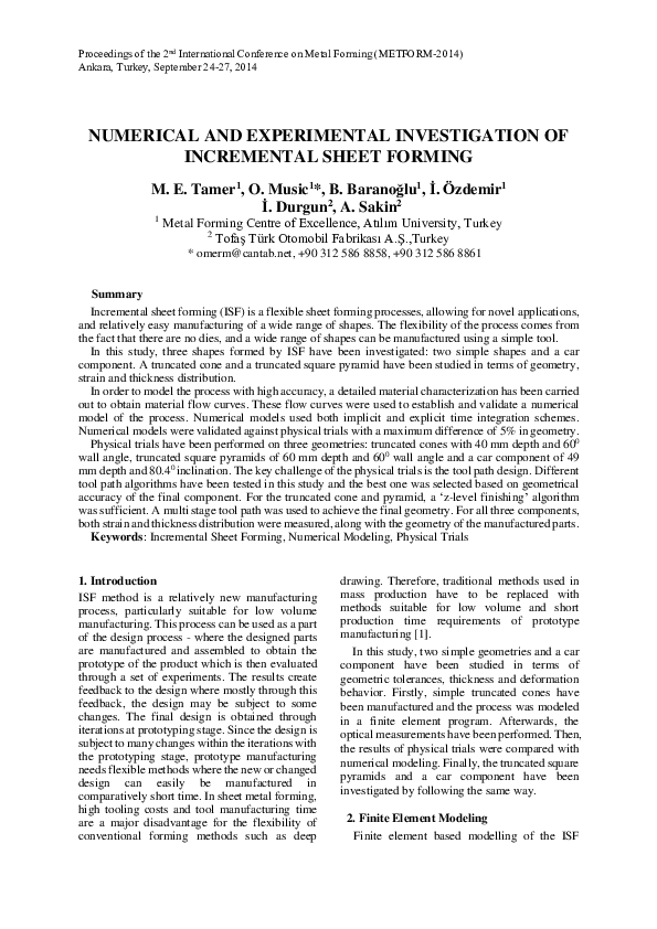 Pdf Numerical And Experimental Investigation Of Incremental Sheet Forming