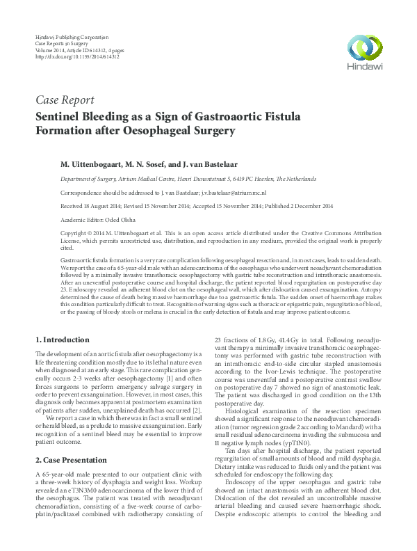 (PDF) Sentinel Bleeding as a sign of Gastroaortic Fistula Formation ...