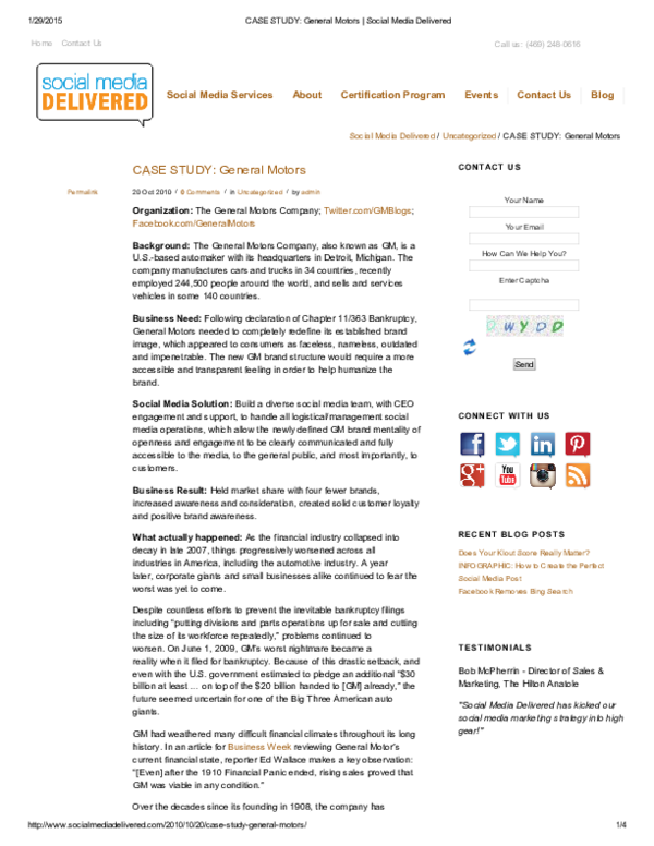 (PDF) CASE STUDY General Motors Social Media Delivered