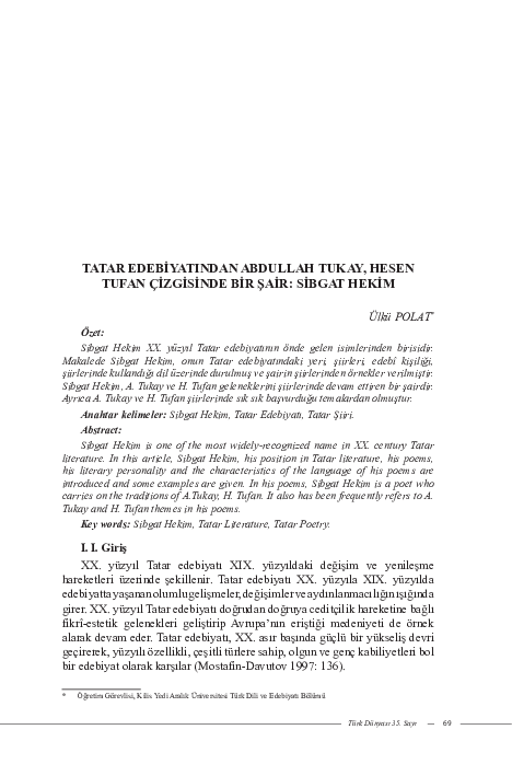 (PDF) Tatar Edebiyatından Abdullah Tukay, Hesen Tufan Çizgisinde Bir ...