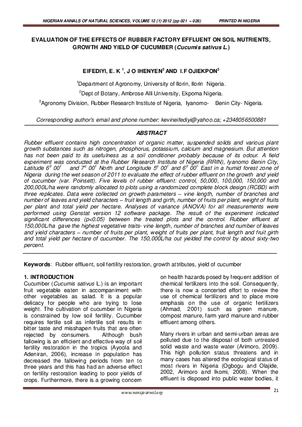 (PDF) EVALUATION OF THE EFFECTS OF RUBBER FACTORY EFFLUENT ON SOIL ...