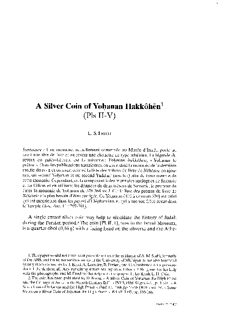 (PDF) A Silver Coin of Yohanan Hakkôhen.