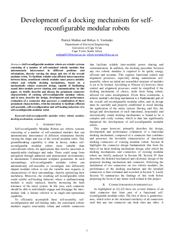(PDF) Development of a docking mechanism for self-reconfigurable modular robots
