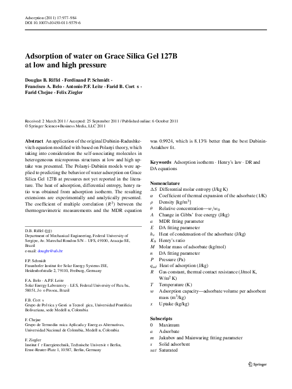 (PDF) Adsorption of water on Grace Silica Gel 127B at low and high pressure