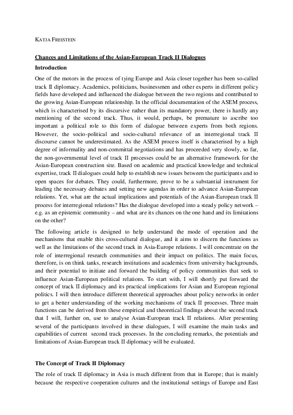 (PDF) Chances and Limitations of the Asian-European Track II Dialogues