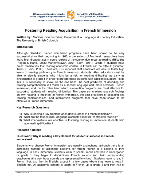 (PDF) Fostering Reading Acquisition in French Immersion