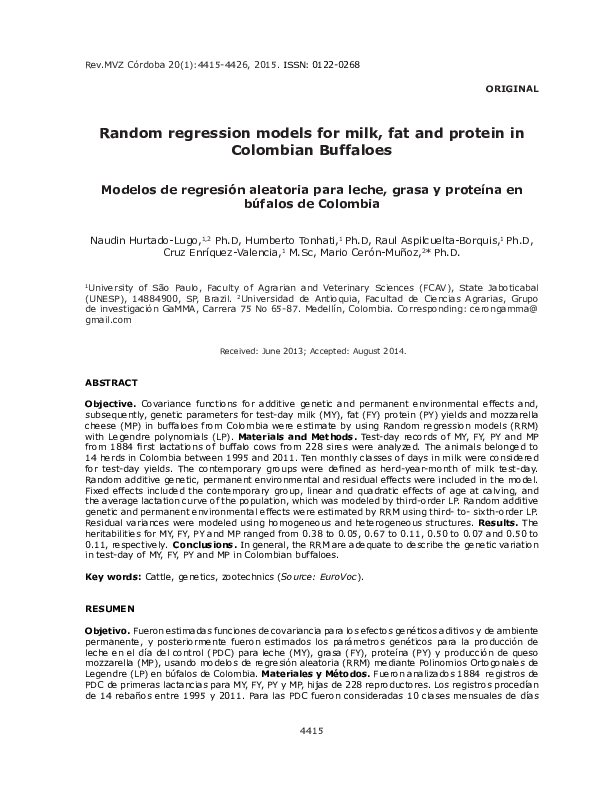Pdf Random Regression Models For Milk Fat And Protein In Colombian Buffaloes