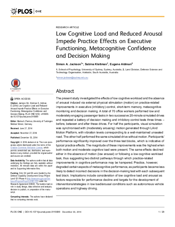 (PDF) Low Cognitive Load and Reduced Arousal Impede Practice Effects on ...