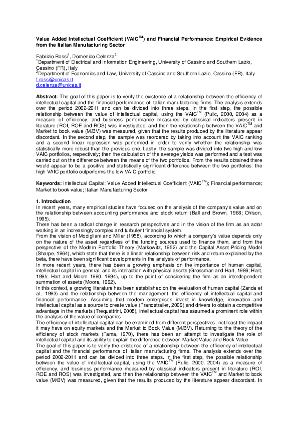 Pdf Value Added Intellectual Coefficient Vaictm And Financial Performance Empirical