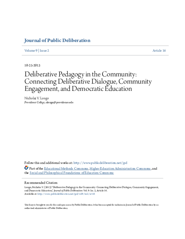 (PDF) Deliberative Pedagogy in the Community: Connecting Deliberative ...