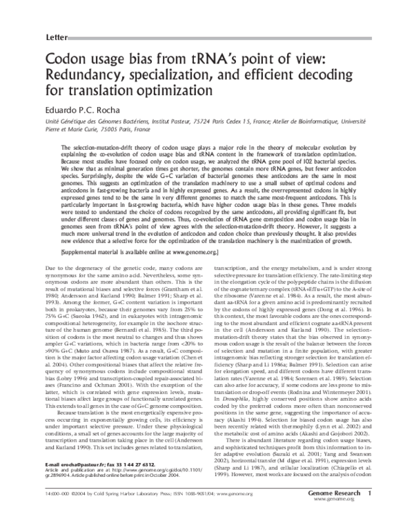 Pdf Codon Usage Bias From Trnas Point Of View Redundancy Specialization And Efficient
