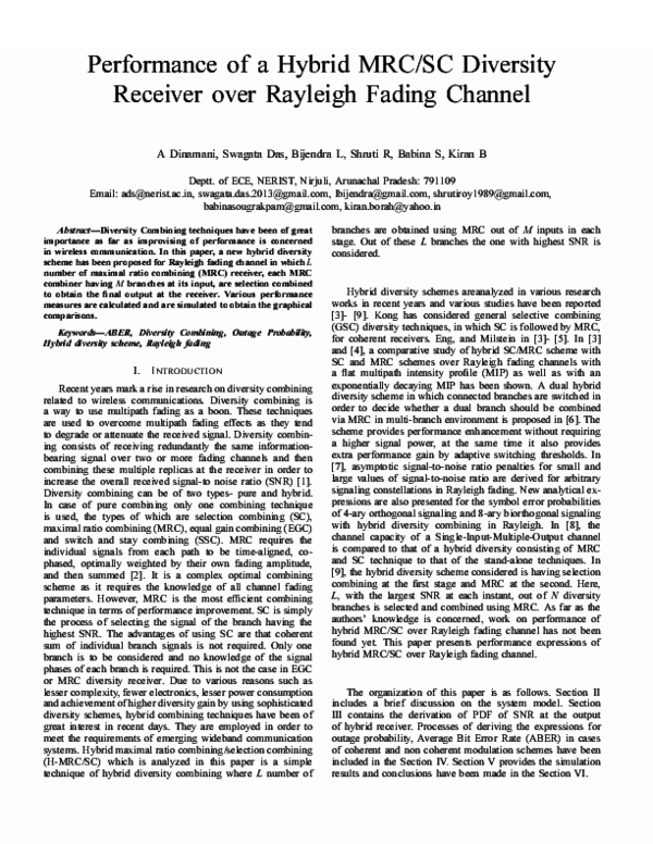 (PDF) Analysis of a two-branch maximal ratio and selection diversity system with unequal SNRs ...