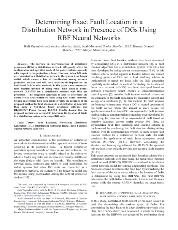 Pdf Determining Exact Fault Location In A Distribution Network In Presence Of Dgs Using Rbf