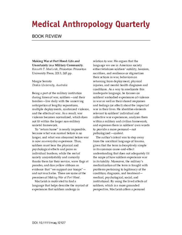 (PDF) Book Review of “Making War at Ford Hood: Life and Uncertainty in ...