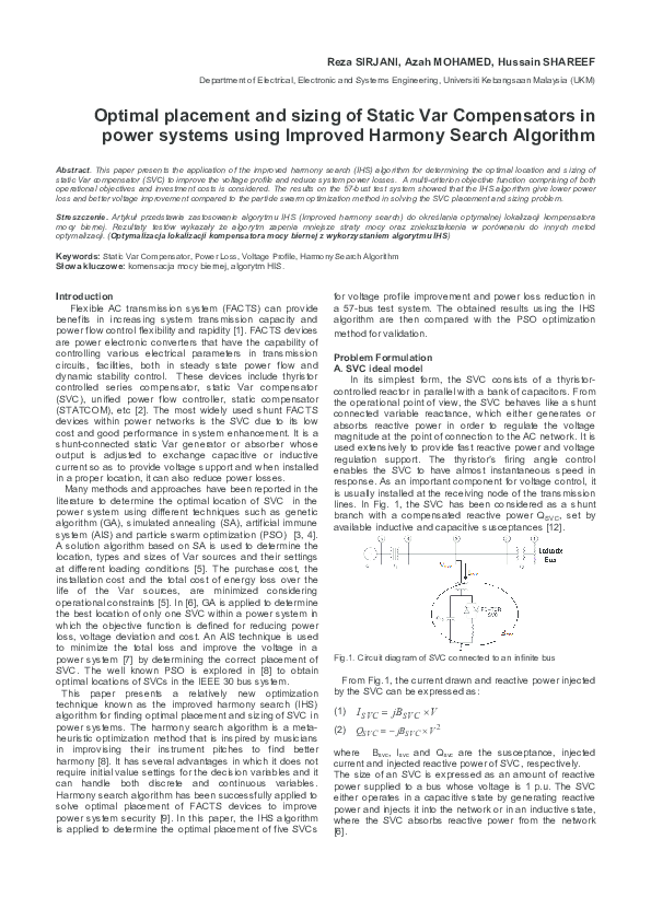 Pdf Optimal Placement And Sizing Of Static Var Compensators In Power Systems Using Improved