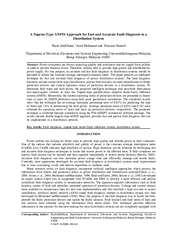 Pdf A Sugeno Type Anfis Approach For Fast And Accurate Fault Diagnosis In A Distribution System