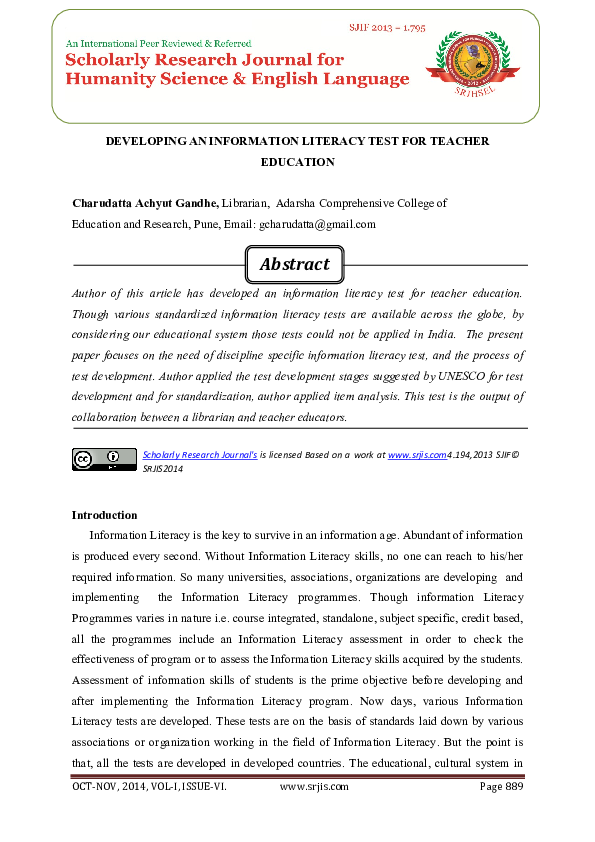 (PDF) DEVELOPING AN INFORMATION LITERACY TEST FOR TEACHER EDUCATION