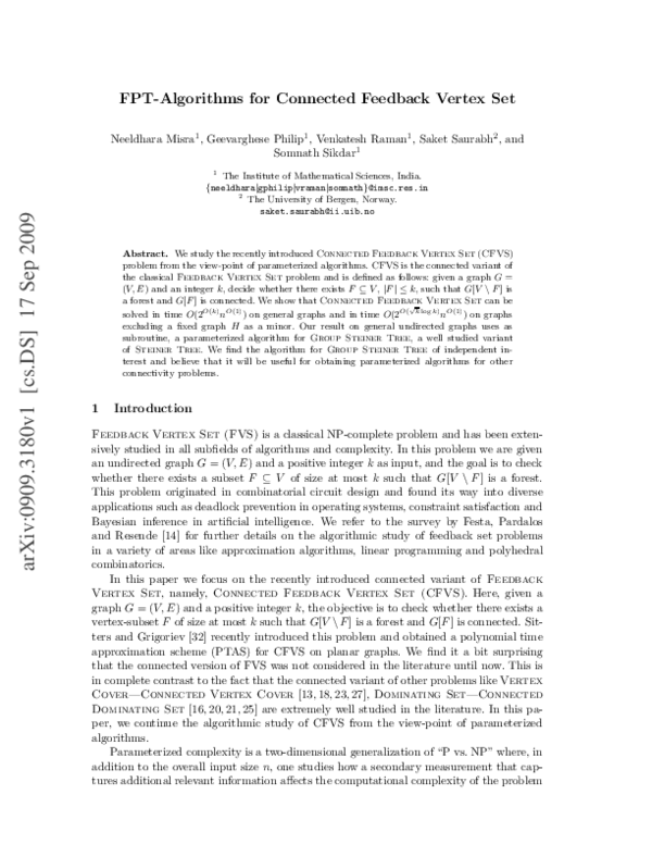 Pdf Fpt Algorithms For Connected Feedback Vertex Set Somnath Sikdar