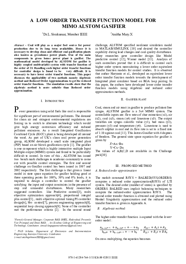 (PDF) A LOW ORDER TRANSFER FUNCTION MODEL FOR MIMO ALSTOM GASIFIER