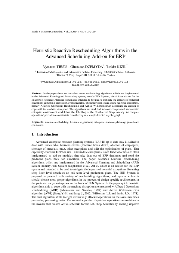 Pdf Heuristic Reactive Rescheduling Algorithms In The Advanced Scheduling Add On For Erp