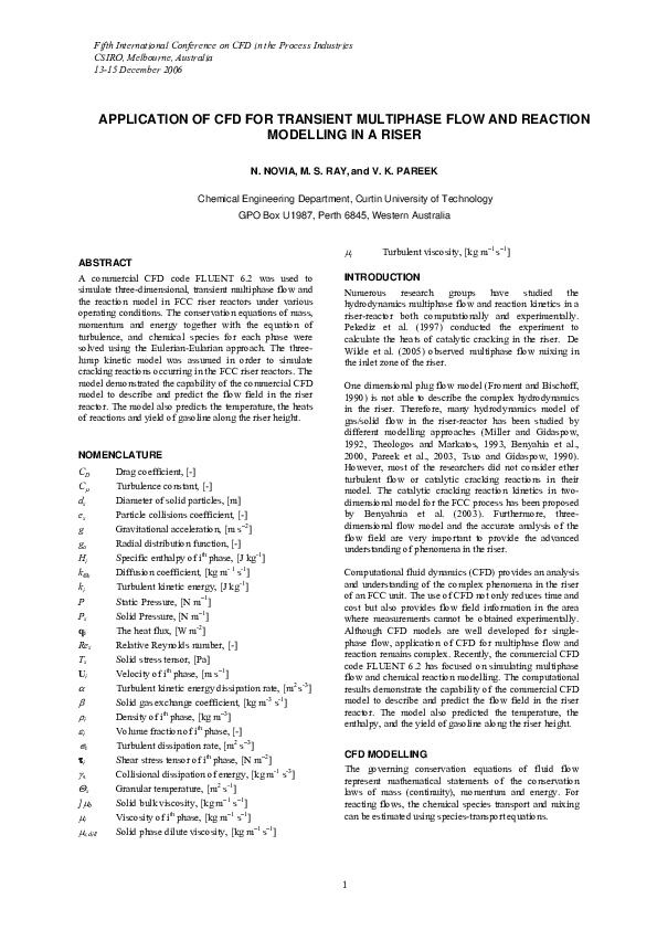 Pdf Application Of Cfd For Transient Multiphase Flow And Reaction Modelling In A Riser