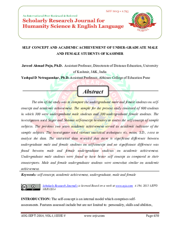(PDF) SELF CONCEPT AND ACADEMIC ACHIEVEMENT OF UNDER - GRADUATE MALE ...