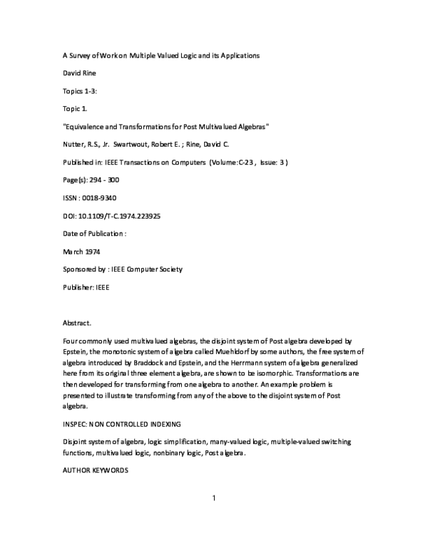 (PDF) A Survey of Work on Multiple Valued Logic and its Applications
