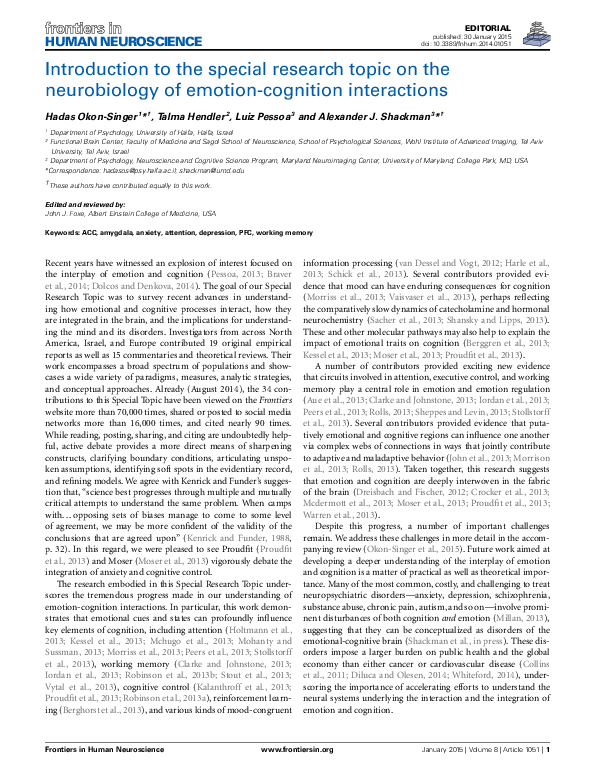 (PDF) Introduction to the special research topic on the neurobiology of ...
