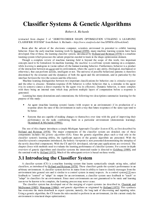 (PDF) Classifier Systems & Genetic Algorithms