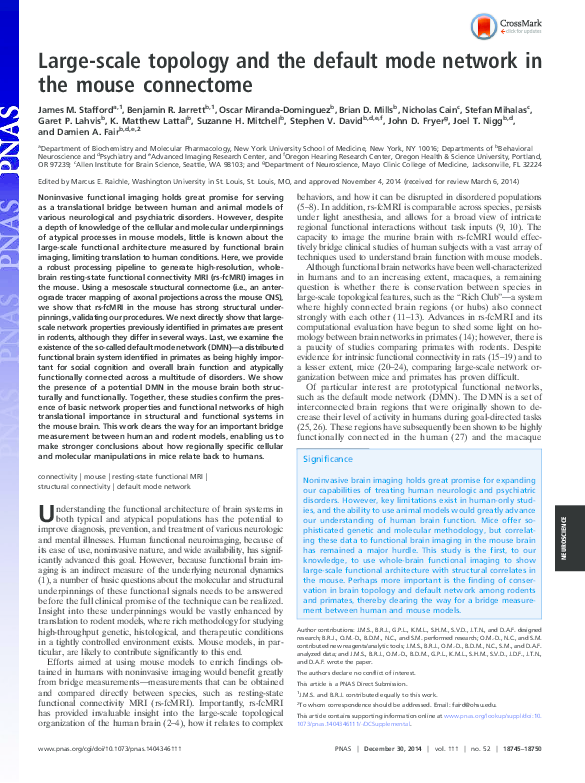 (PDF) Large-scale topology and the default mode network in the mouse connectome