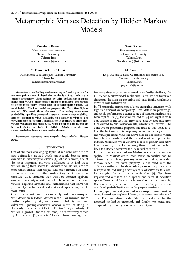 (PDF) metamorphic viruses detection by hidden markov models