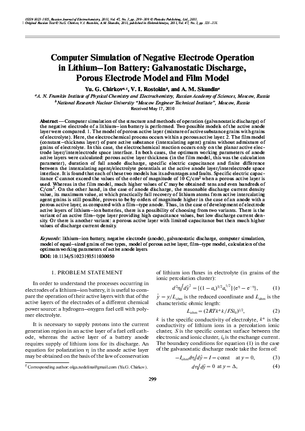 (PDF) Computer Simulation of Negative Electrode Operation in Lithium ...