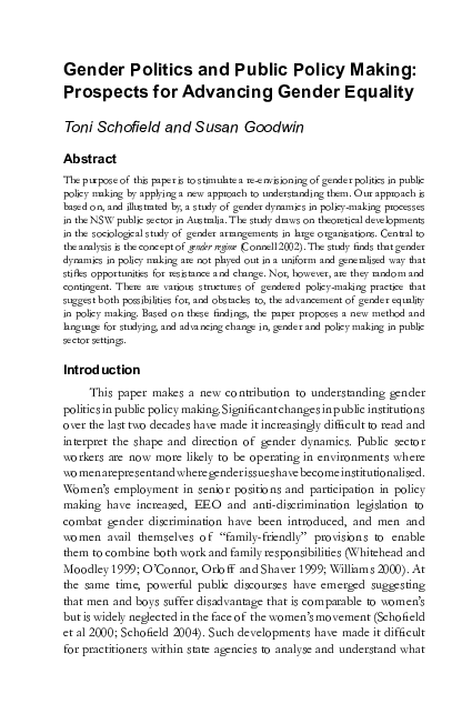 (PDF) Gender Politics and Public Policy Making: Prospects for Advancing ...