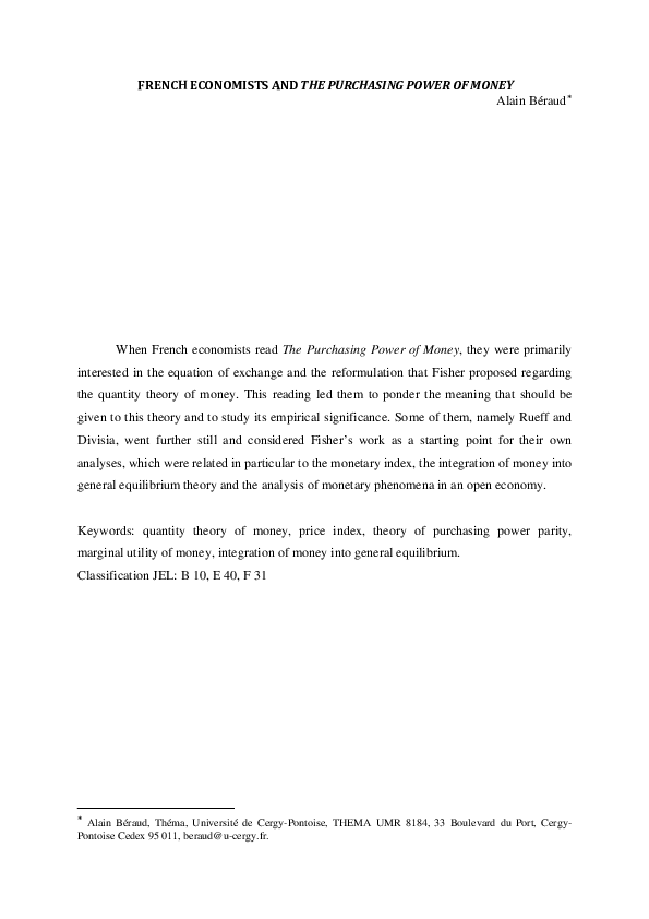 (PDF) French economists and the purchasing power of money