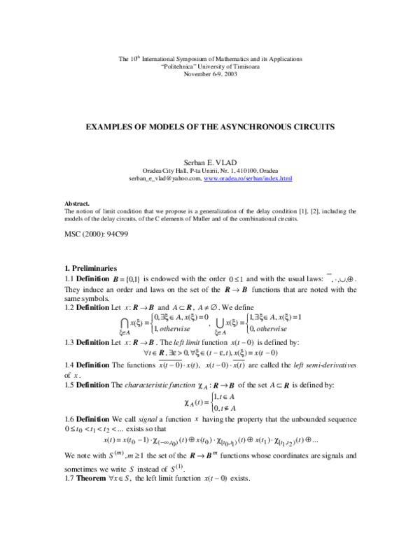 (PDF) EXAMPLES OF MODELS OF THE ASYNCHRONOUS CIRCUITS
