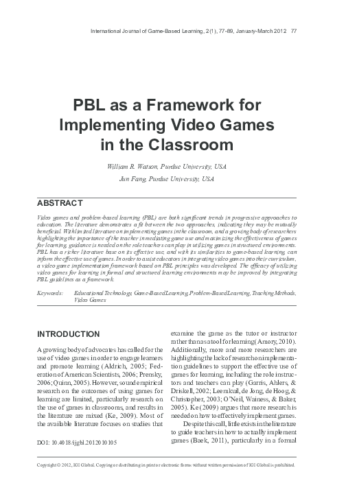 PBL as a Framework for Implementing Video Games in the Classroom