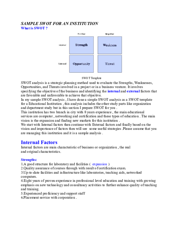 (DOC) SAMPLE SWOT FOR AN INSTITUTION