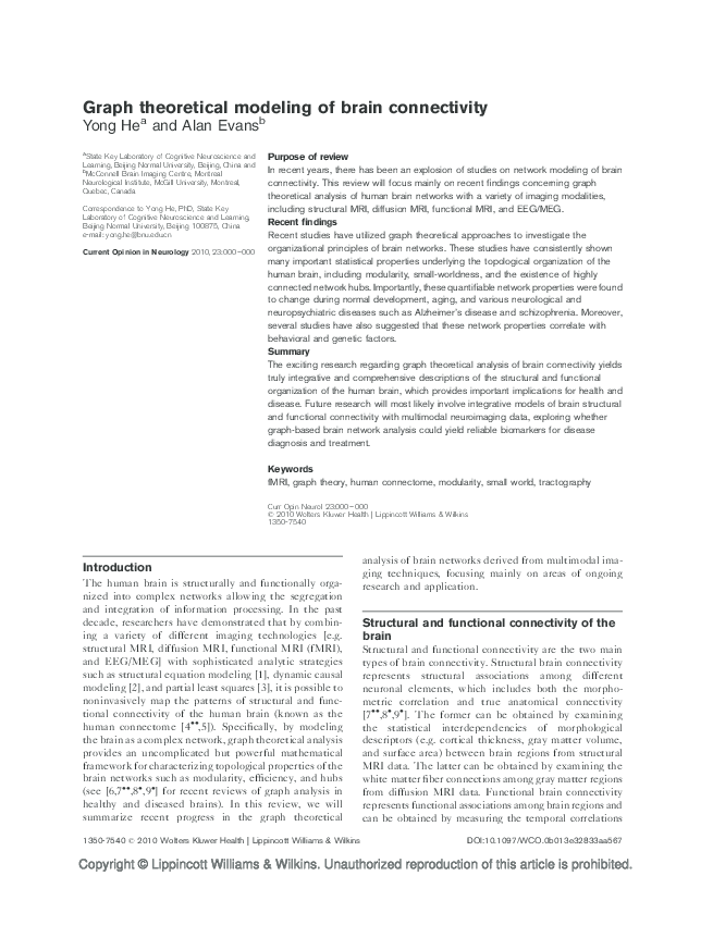 (PDF) Graph theoretical modeling of brain connectivity