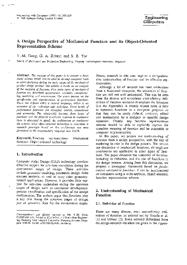 (PDF) A Design Perspective of Mechanical Function and Its Object-Oriented Representation Scheme