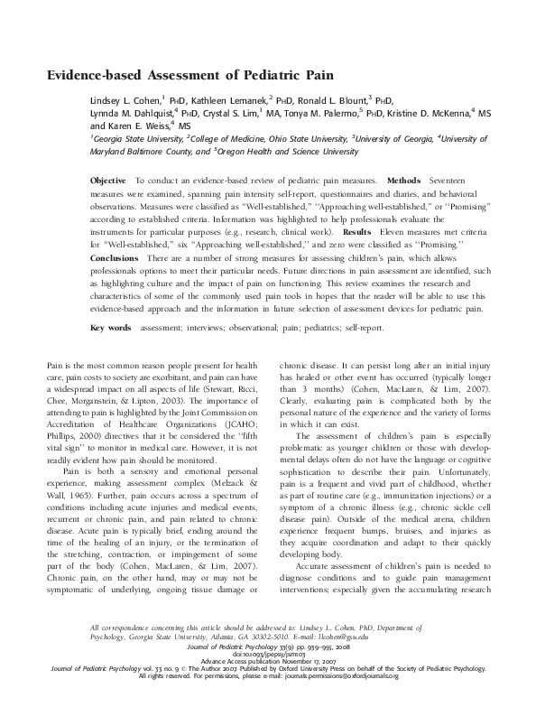 (PDF) Evidence-based Assessment of Pediatric Pain