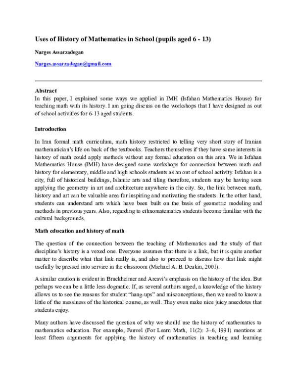 (DOC) Uses of History of Mathematics in School (pupils aged 6 - 13)