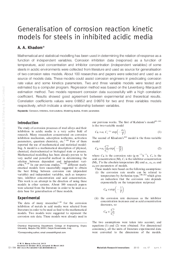 (PDF) Generalisation of corrosion reaction kinetic models for steels in ...