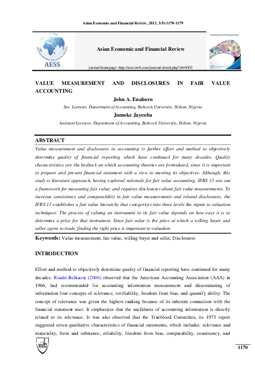 (PDF) VALUE MEASUREMENT AND DISCLOSURES IN FAIR VALUE ACCOUNTING | John ...